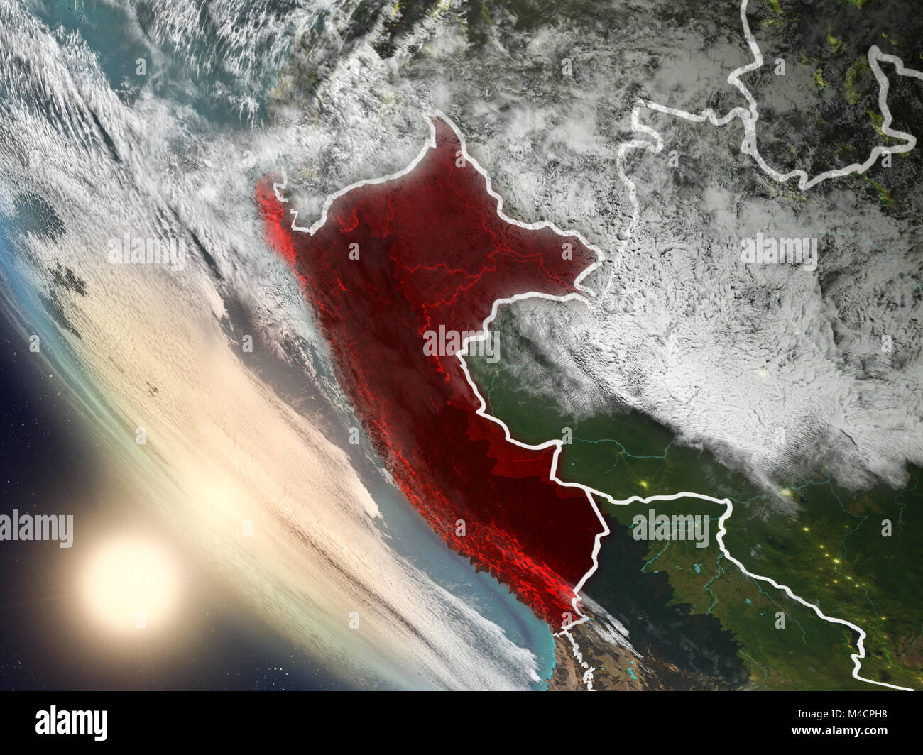 Illustration of Peru as seen from Earth’s orbit during sunset with ...