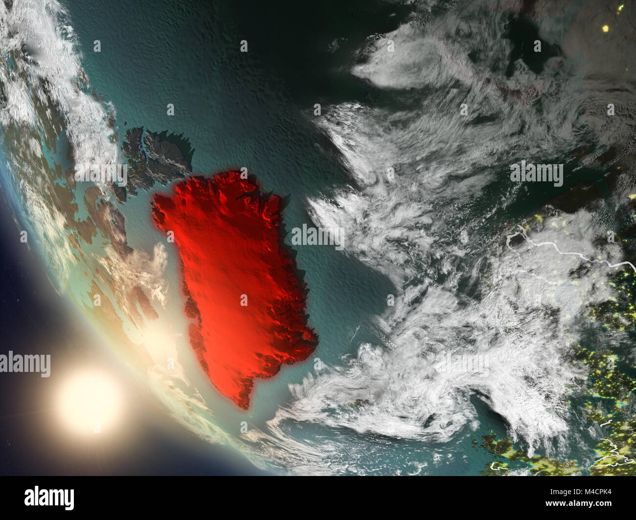 Illustration of Greenland as seen from Earth’s orbit during sunset with ...