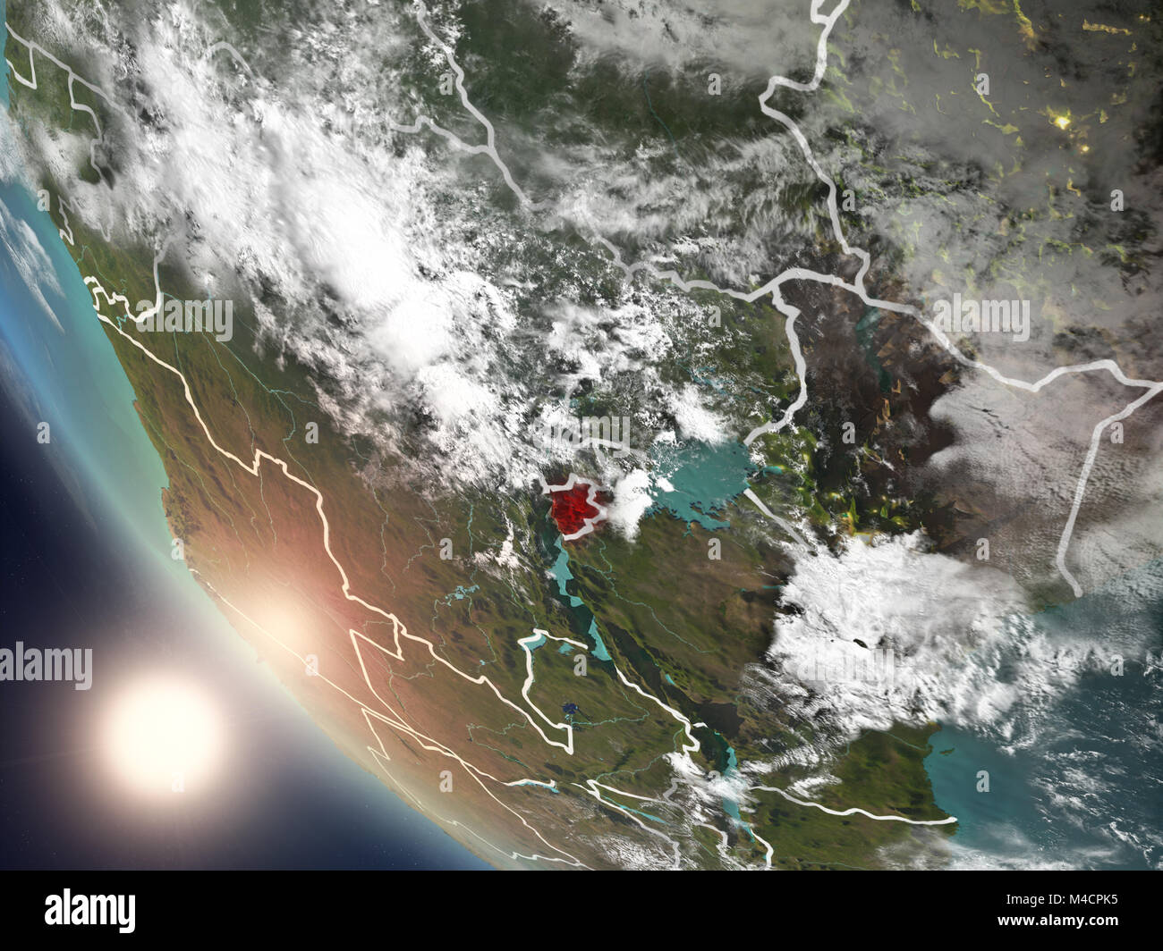 Illustration of Burundi as seen from Earth’s orbit during sunset with ...