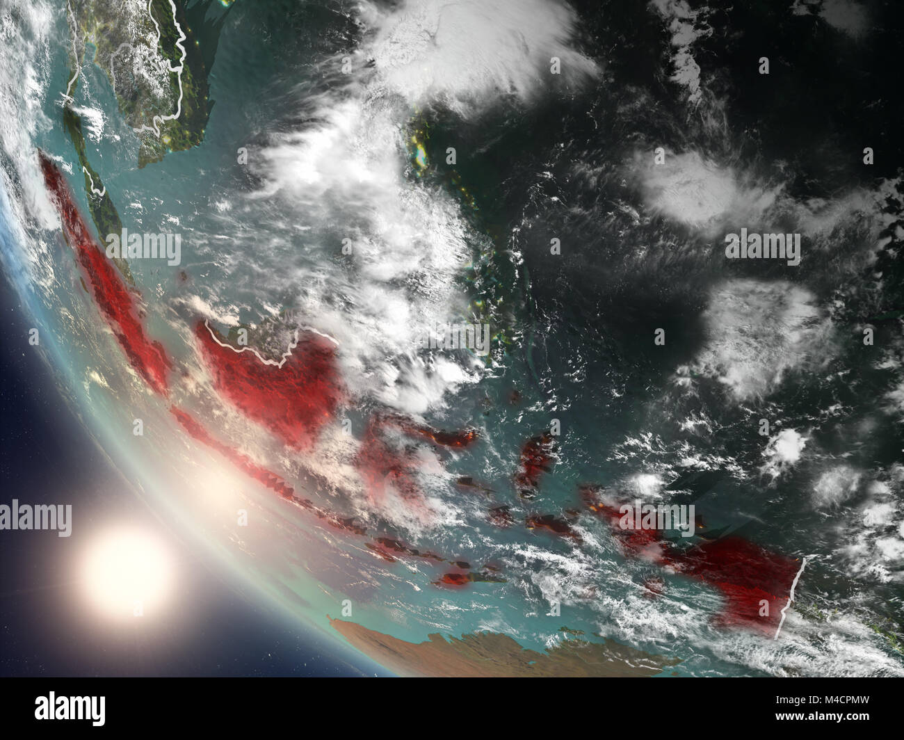 Illustration of Indonesia as seen from Earth’s orbit during sunset with ...
