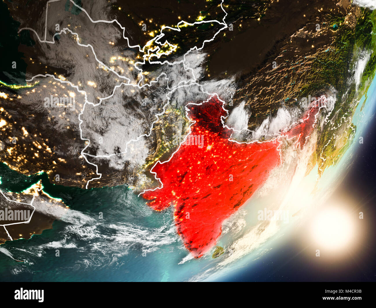 India from space with highly detailed surface textures and visible ...