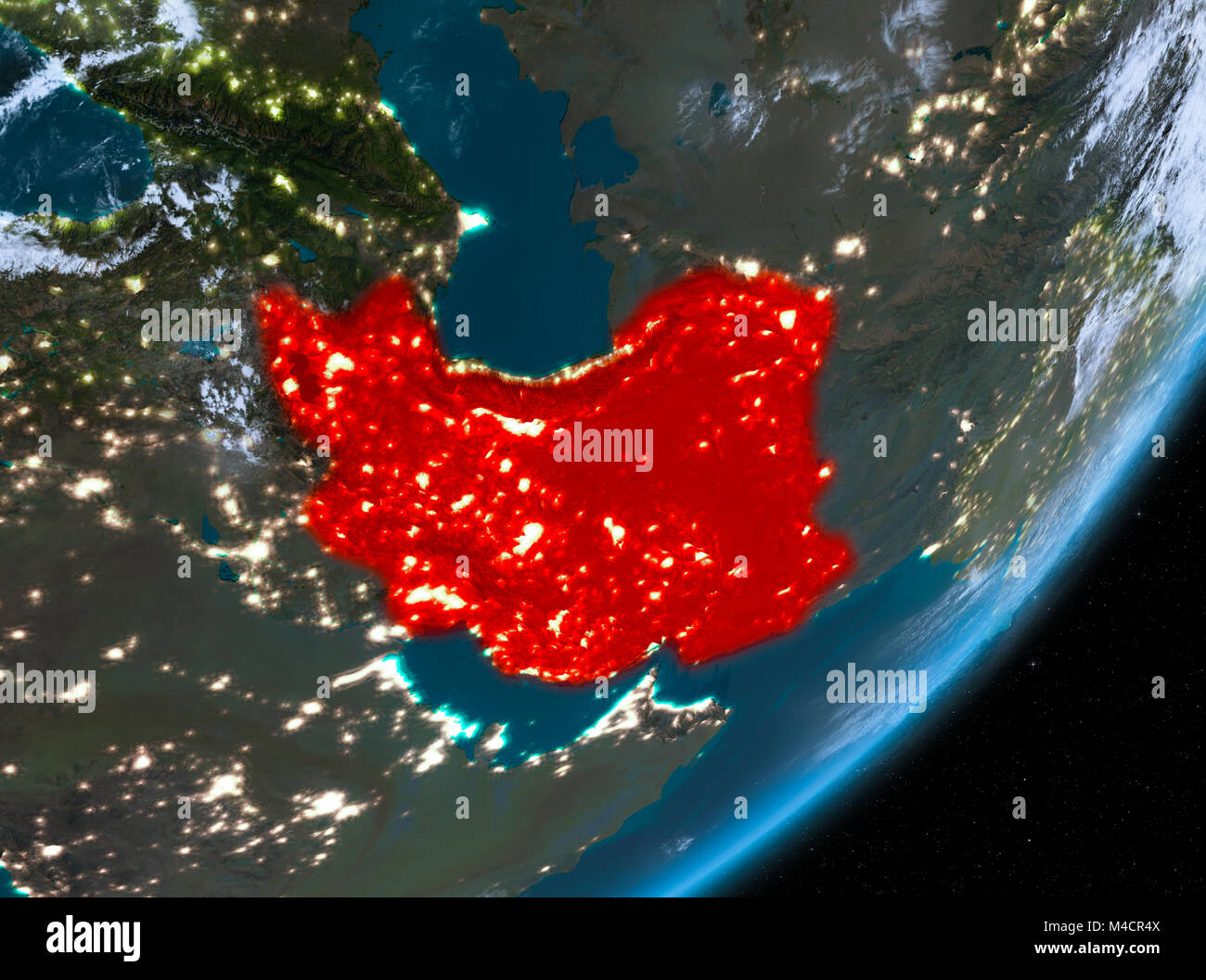 Iran from orbit of planet Earth at night with highly detailed surface ...