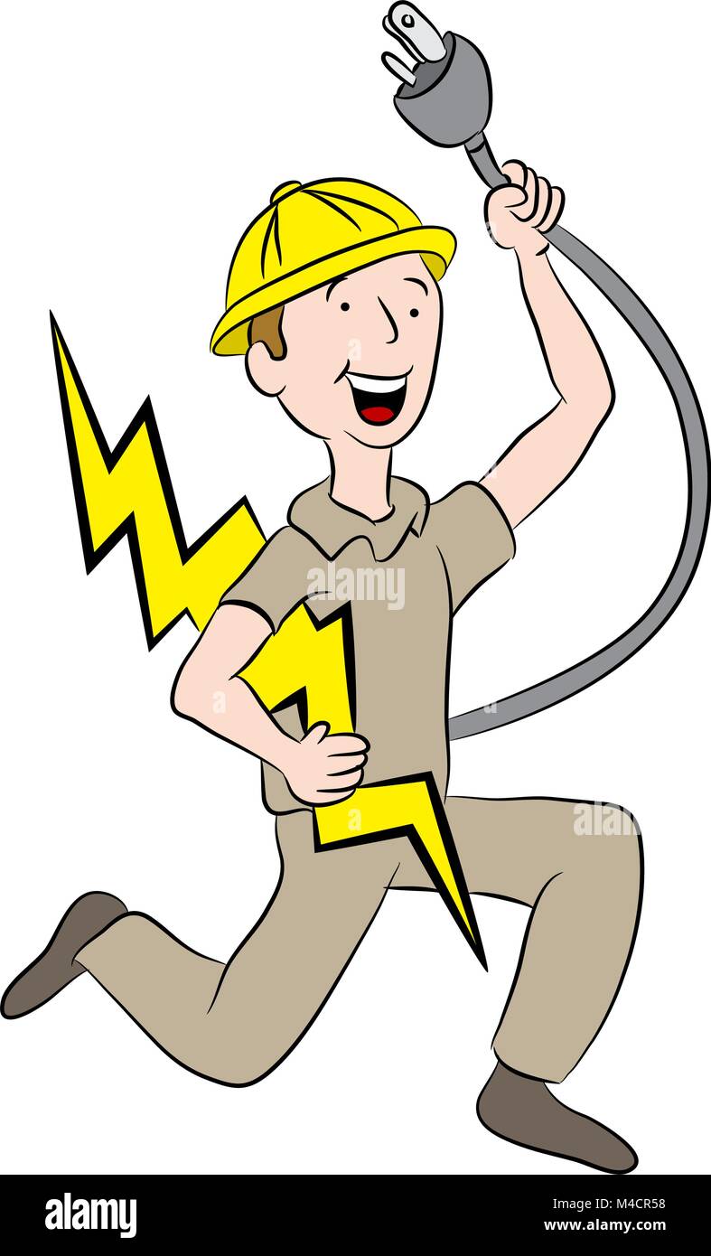 An image of a cartoon male electrician holding a plug and lightning ...