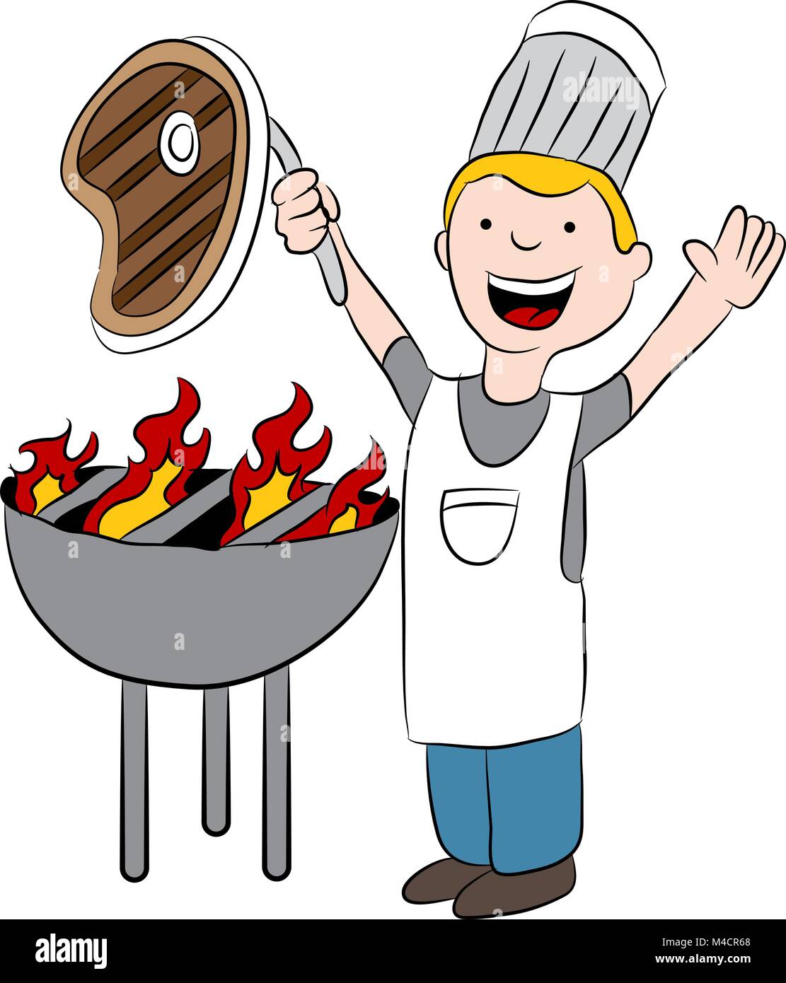 An image of a cartoon chef pulling a steak off the flaming grill Stock ...