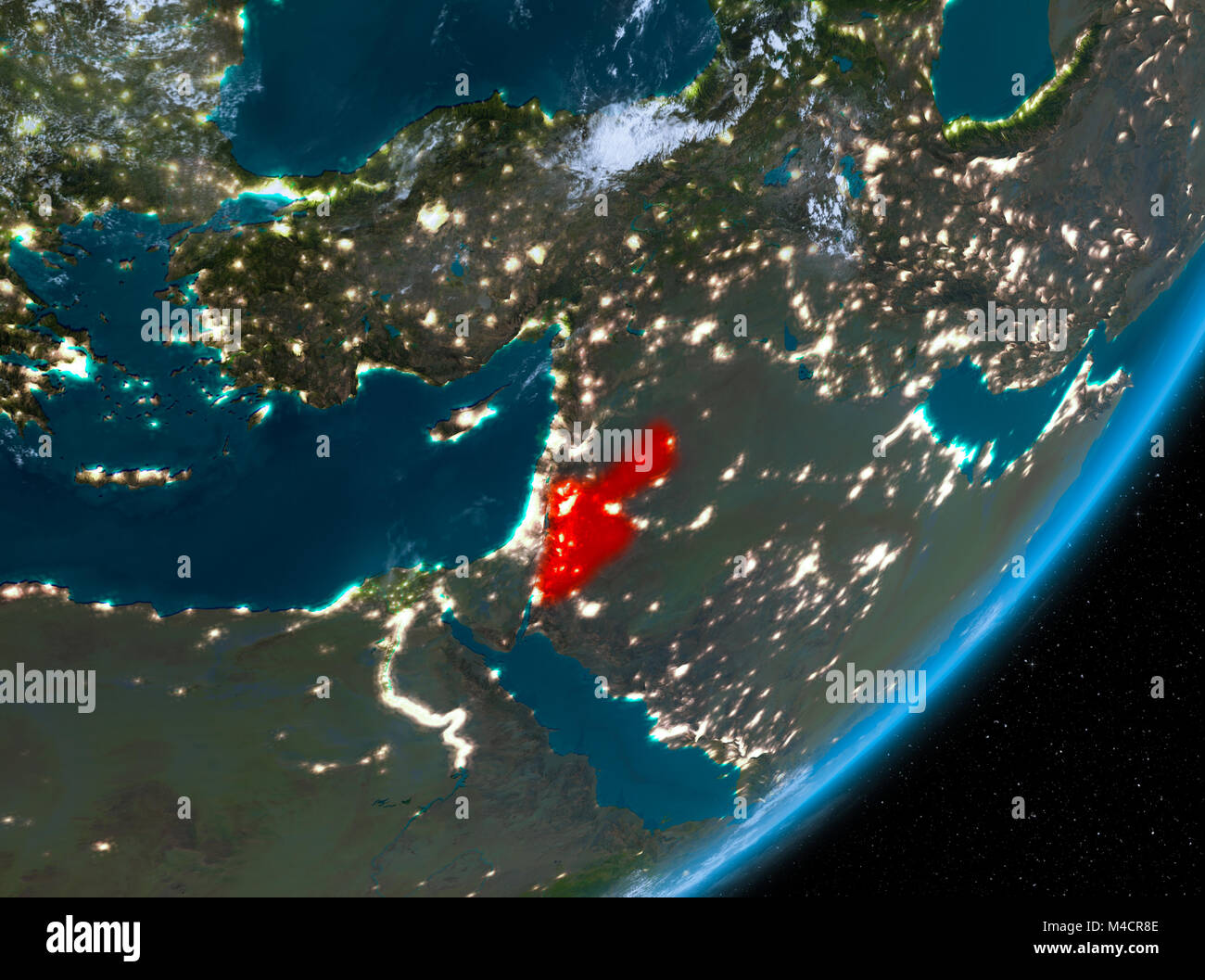 Jordan from orbit of planet Earth at night with highly detailed surface ...