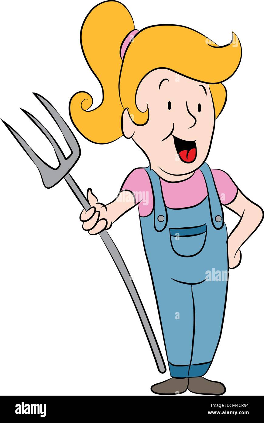 An image of a farm girl holding a pitchfork and wearing overalls Stock ...