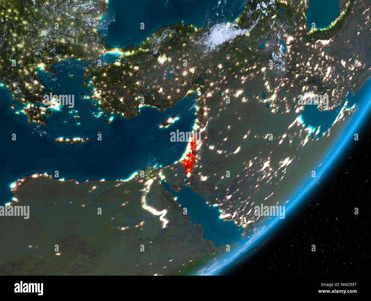 Israel from orbit of planet Earth at night with highly detailed surface ...