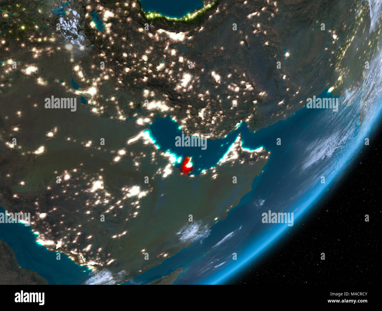 Qatar from orbit of planet Earth at night with highly detailed surface ...