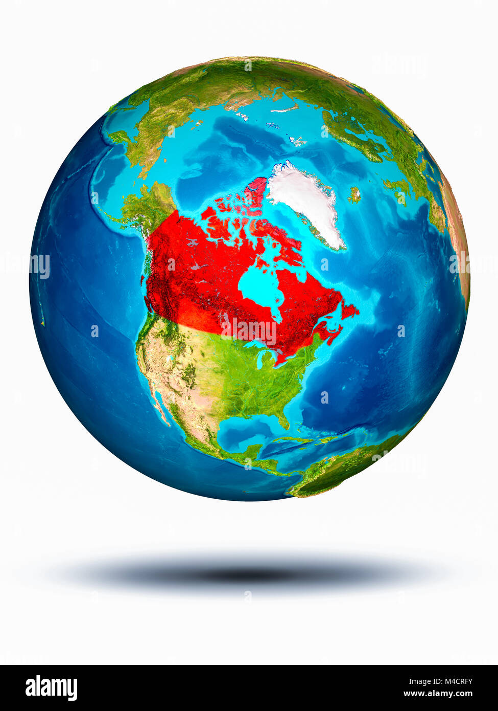 Canada in red on model of planet Earth hovering in space. 3D ...