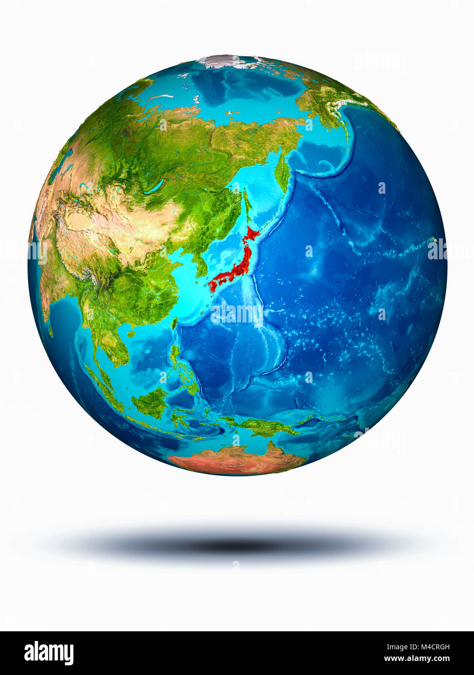 Japan in red on model of planet Earth hovering in space. 3D ...