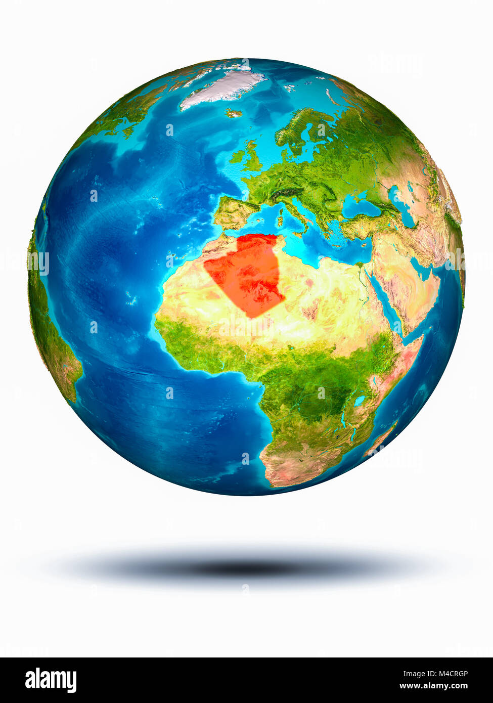 Algeria in red on model of planet Earth hovering in space. 3D ...