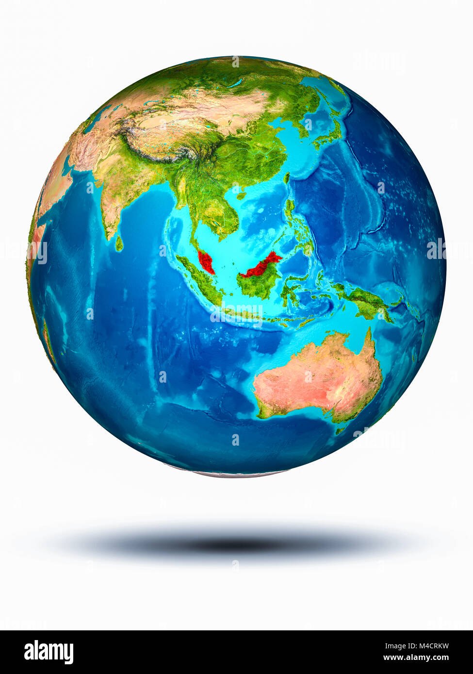 Malaysia in red on model of planet Earth hovering in space. 3D ...