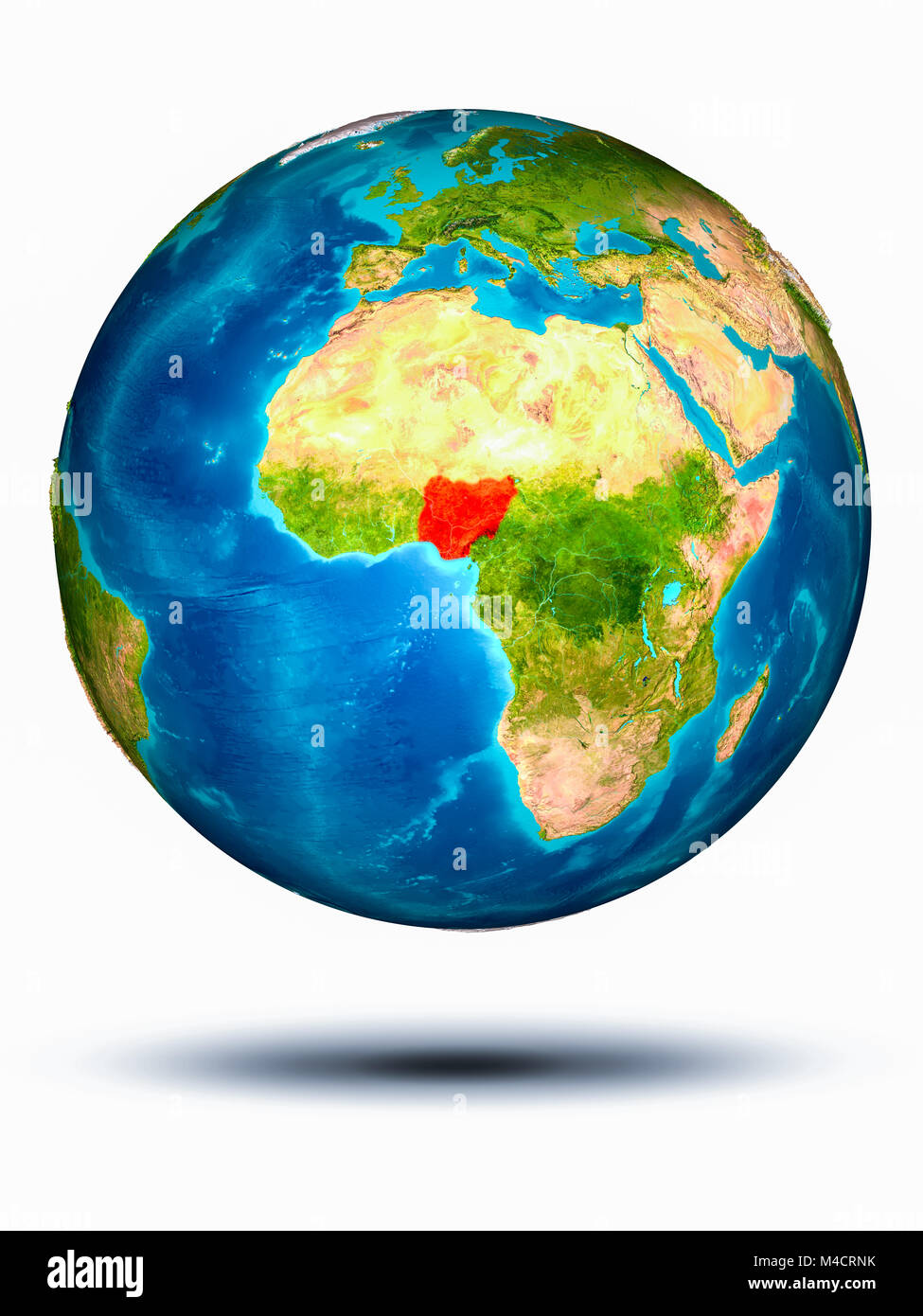 Nigeria in red on model of planet Earth hovering in space. 3D ...