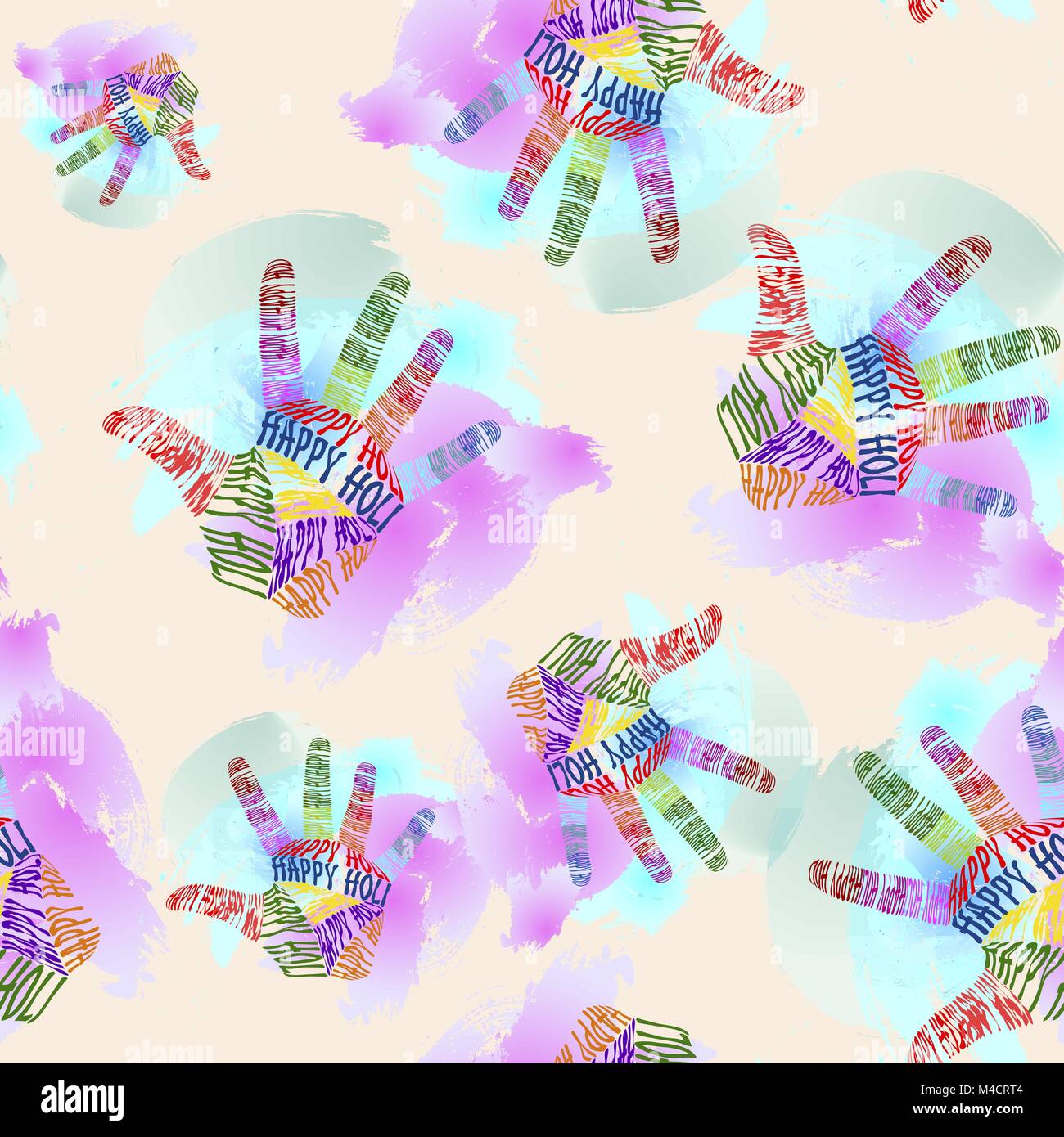 Holi Festival seamless pattern, multicolored typography hand prints ...