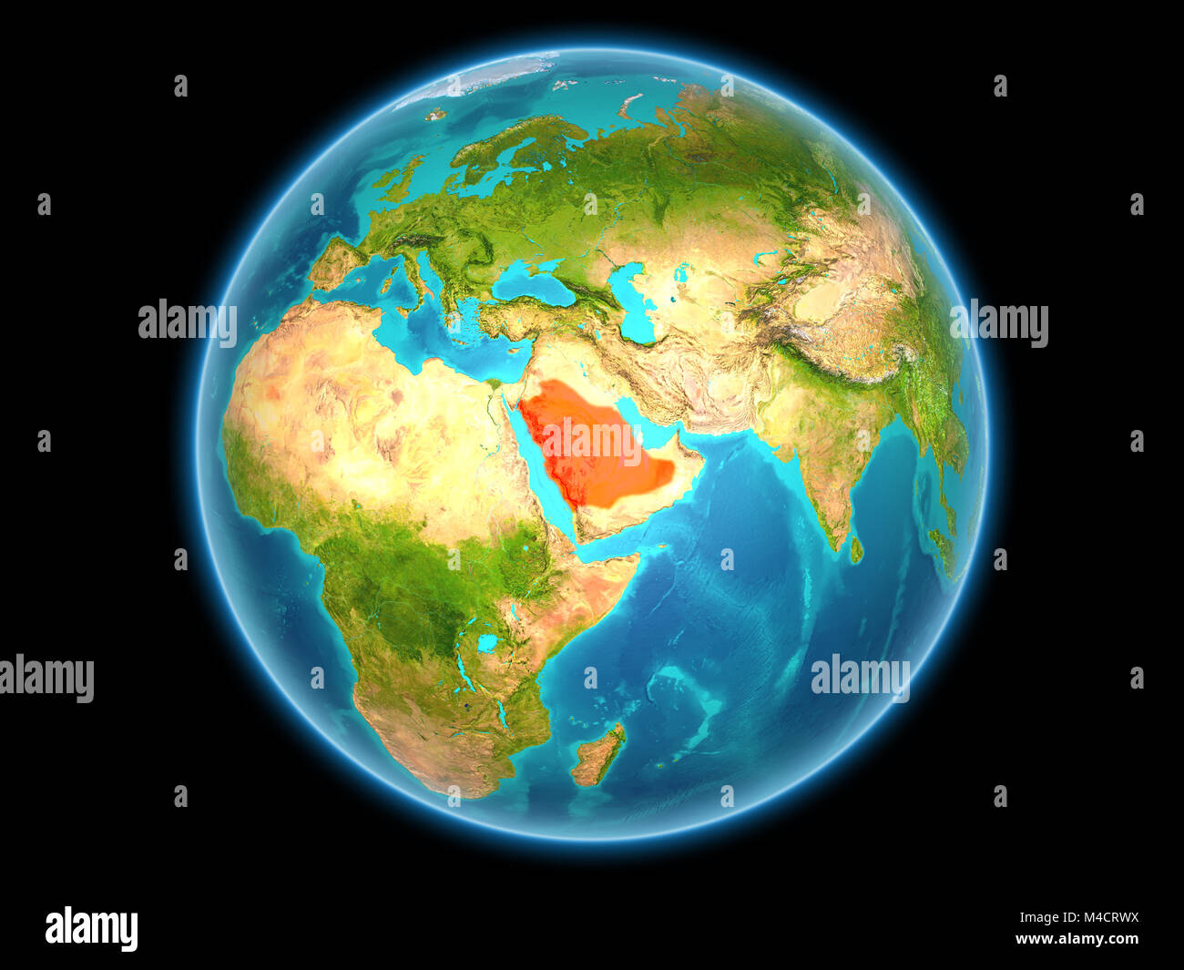 Saudi Arabia in red on planet Earth as seen from space on full sphere ...