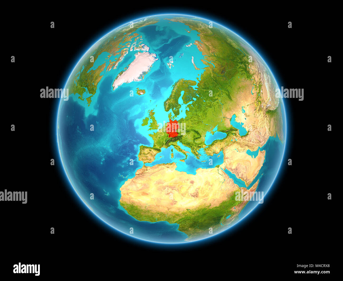 Germany in red on planet Earth as seen from space on full sphere. 3D ...