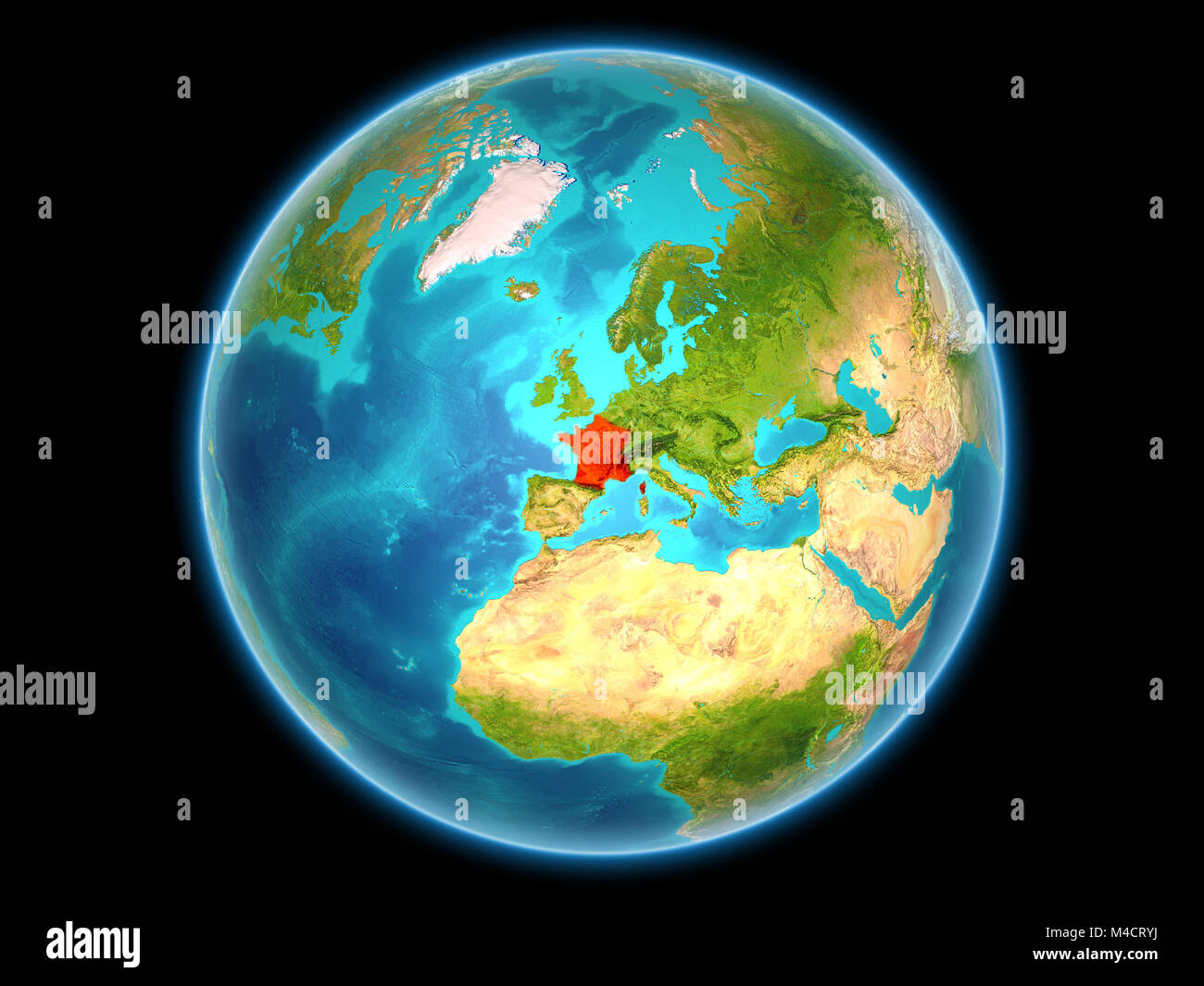 France in red on planet Earth as seen from space on full sphere. 3D ...