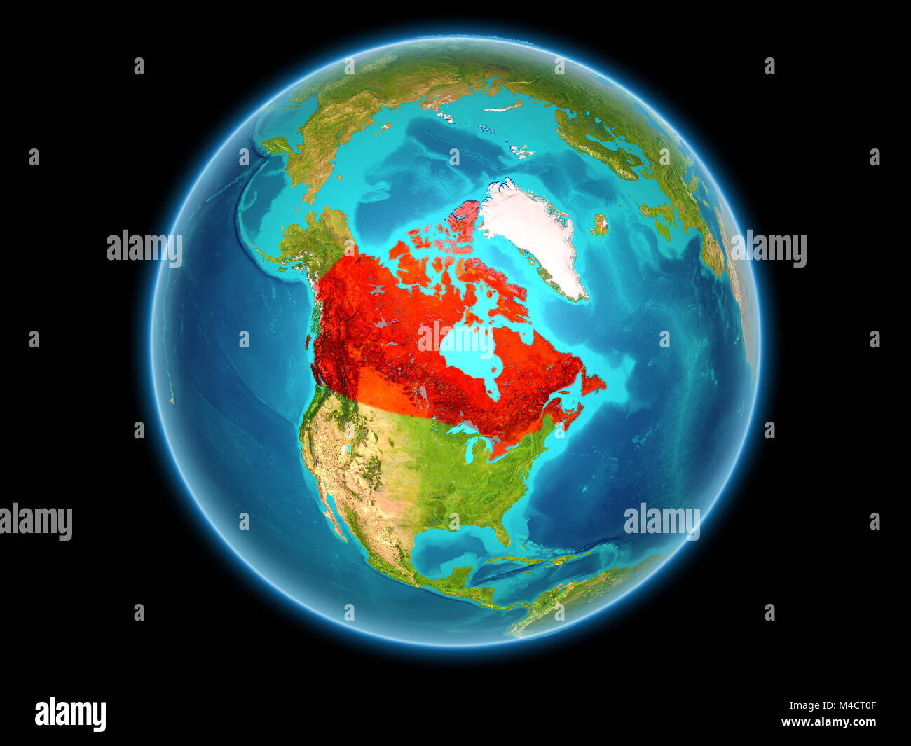 Canada in red on planet Earth as seen from space on full sphere. 3D ...