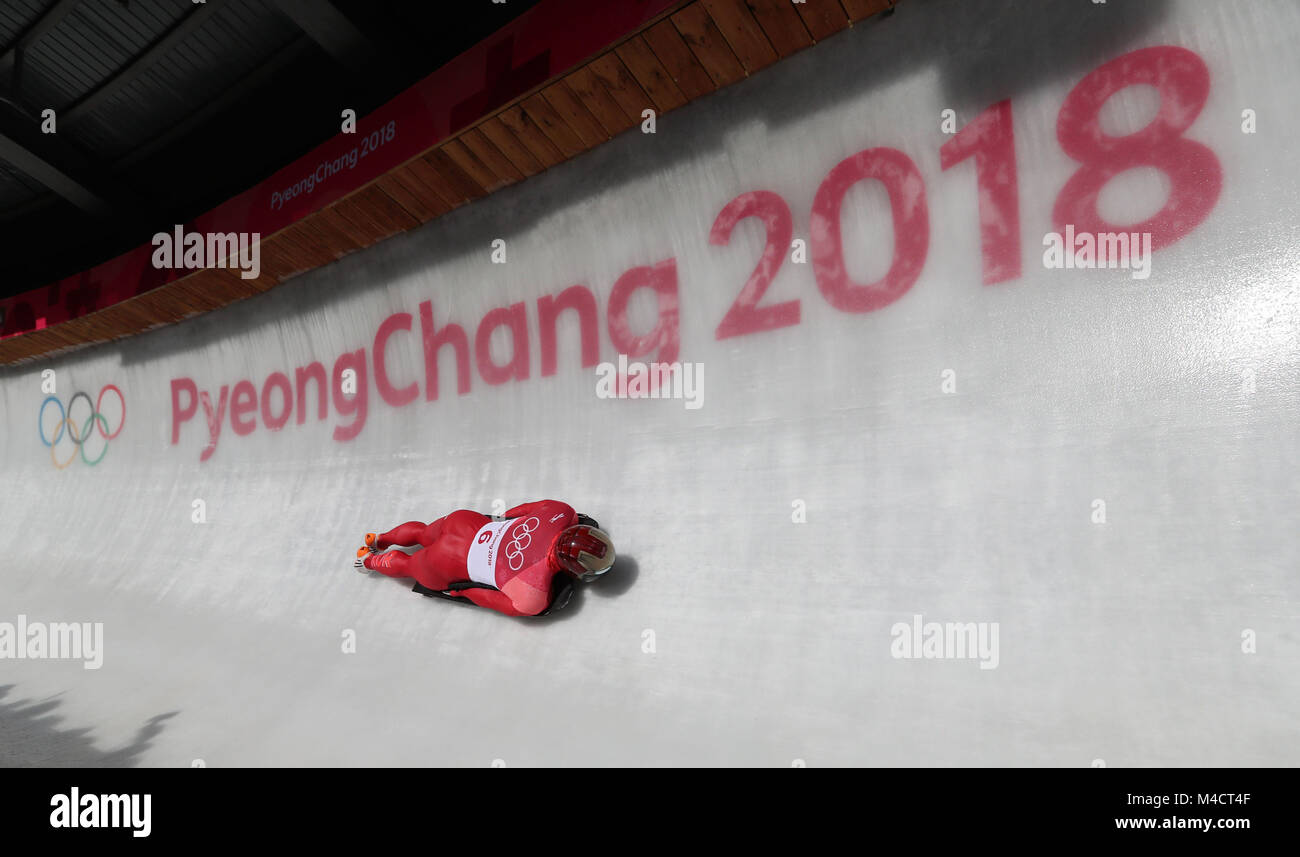 Korea's Sungbin Yun during his third run in the Skeleton at the Olympic ...