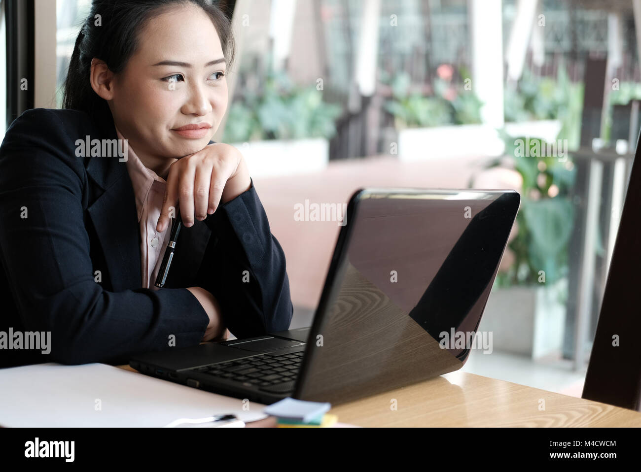 bored businesswoman lean head on hand at office. unhappy woman at ...