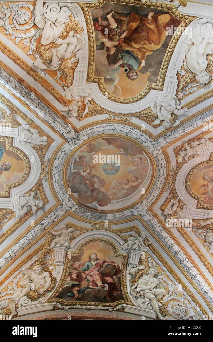 Close-up detail of the paintings on the interior ceiling of Basilica di ...