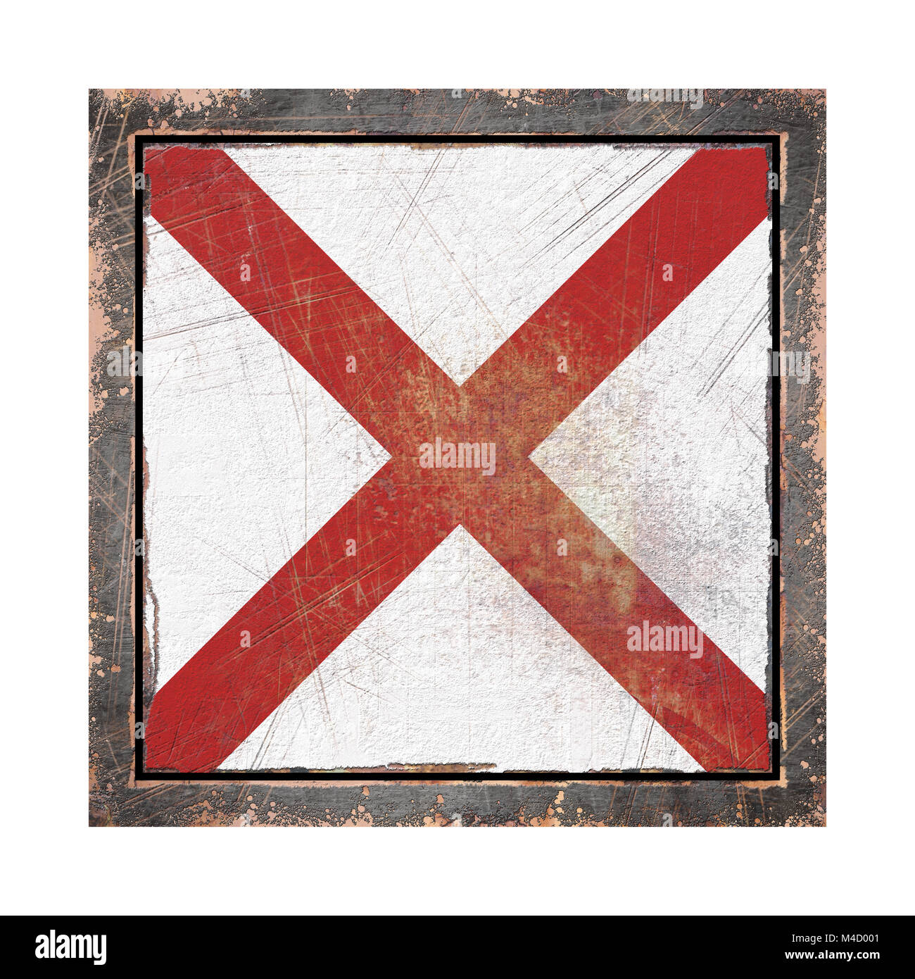 3d rendering of an Alabama State flag over a rusty metallic plate wit a ...