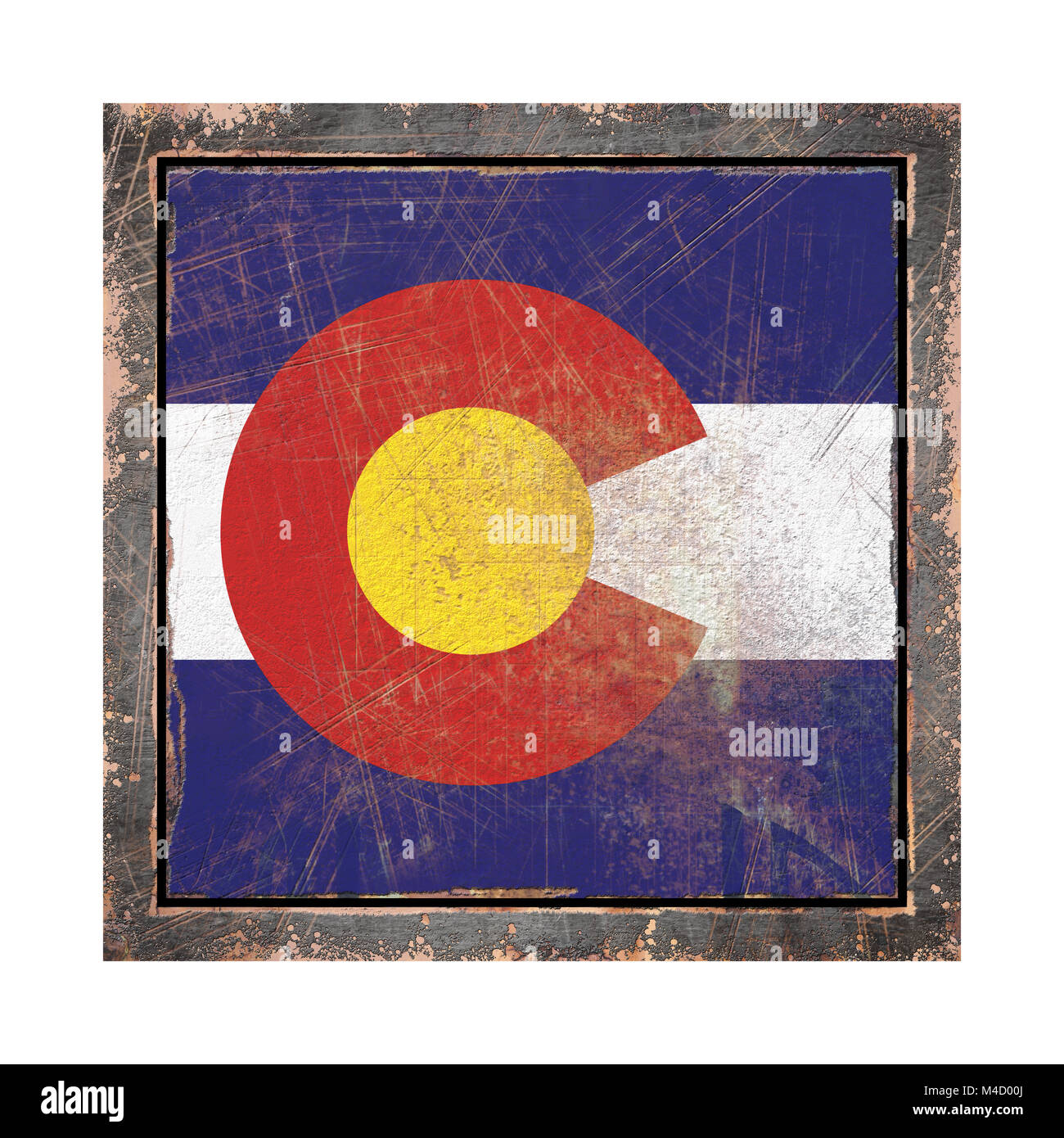 3d rendering of a Colorado State flag over a rusty metallic plate wit a ...