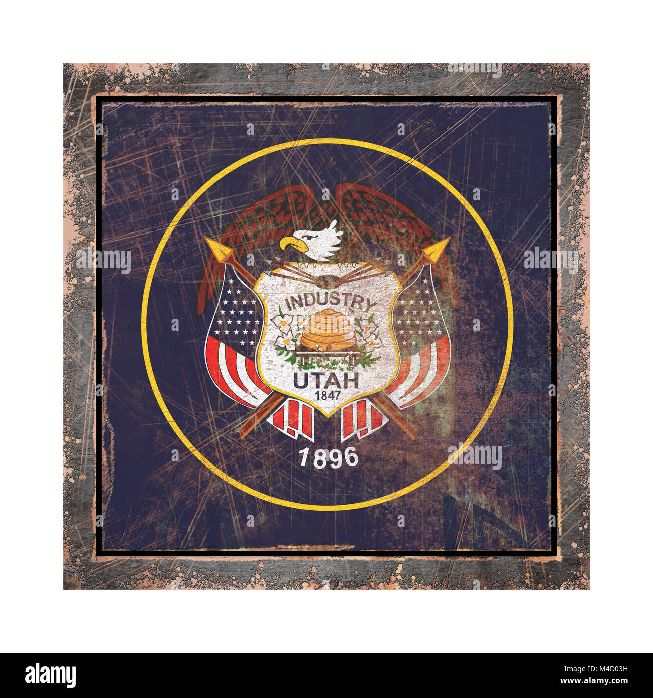 3d rendering of an Utah State flag over a rusty metallic plate wit a ...
