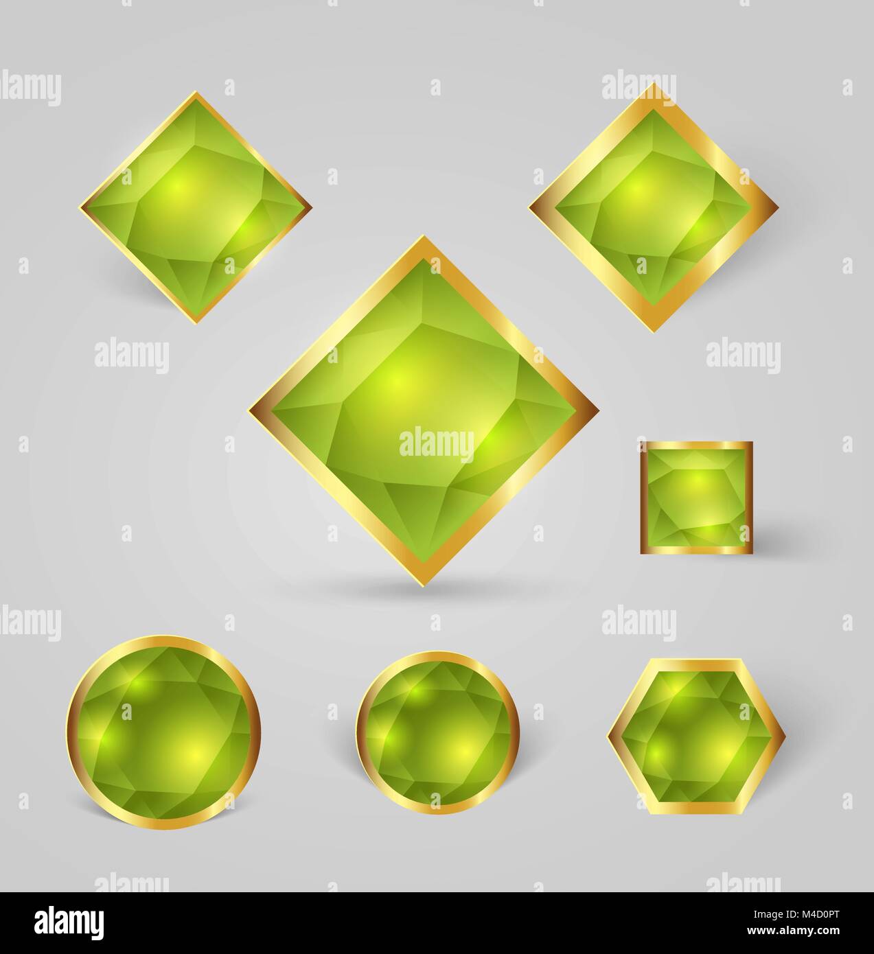 collection of shiny gold badges with green crystals and shadows Stock ...