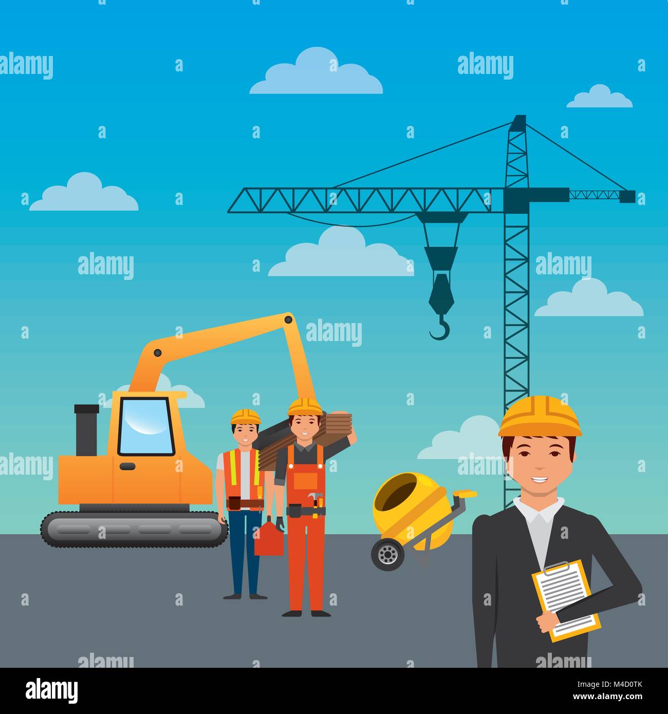 construction workers loading machine mixer concrete crane sky ...