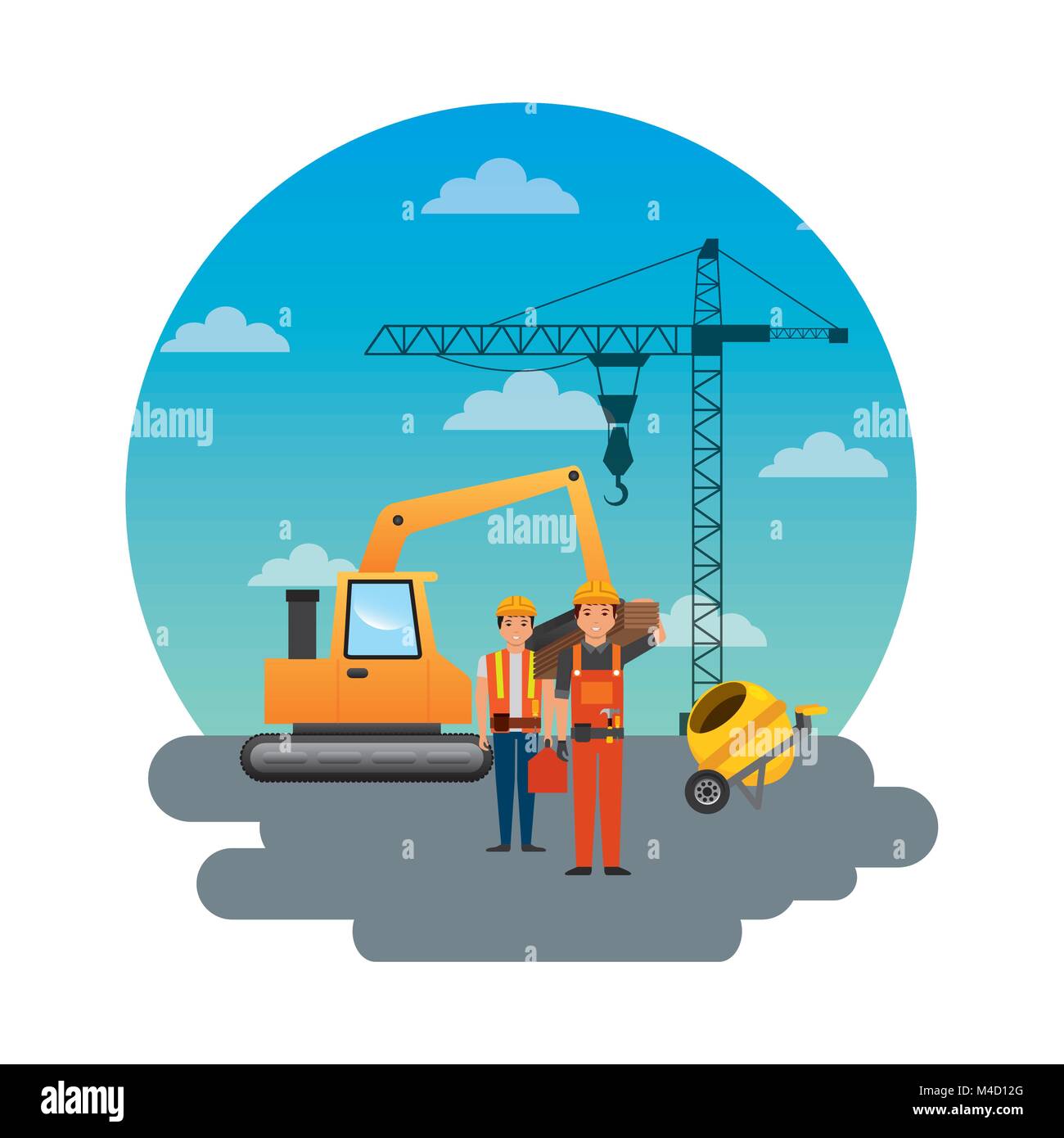 construction workers loading machine mixer concrete crane round sky ...