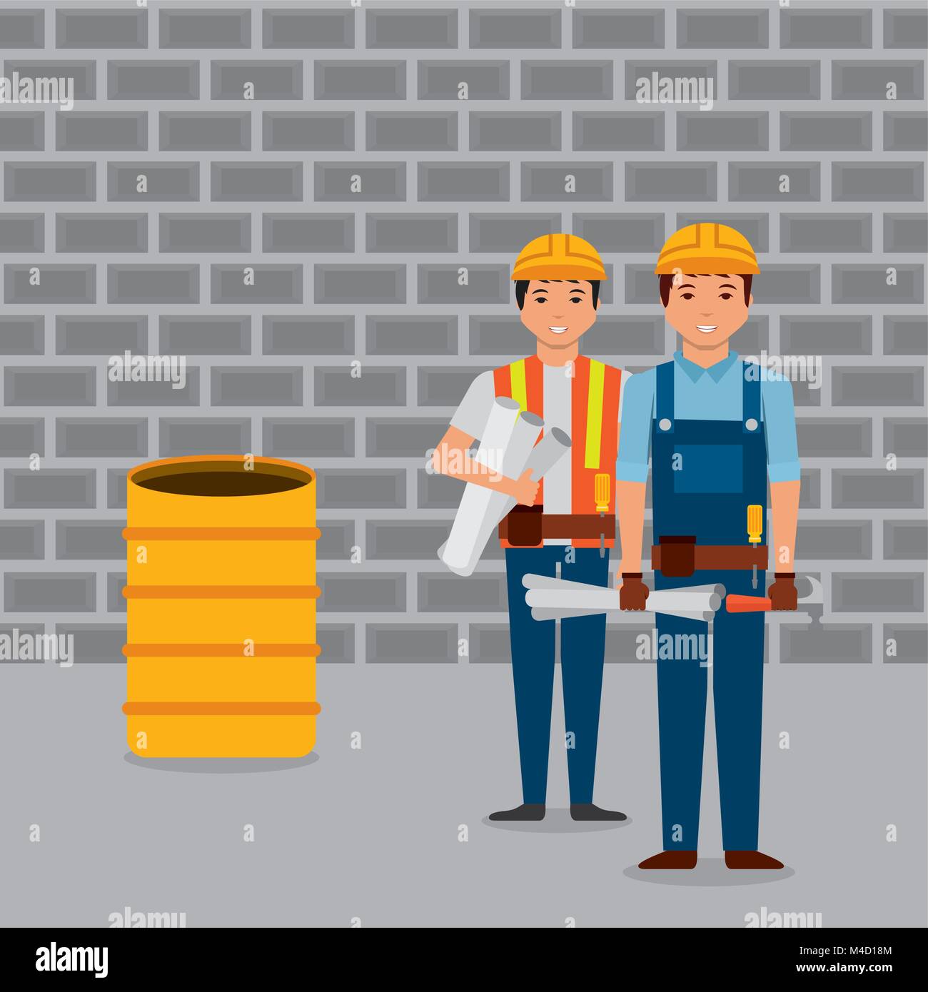 construction workers holding blueprint hammer barrel and wall brick ...