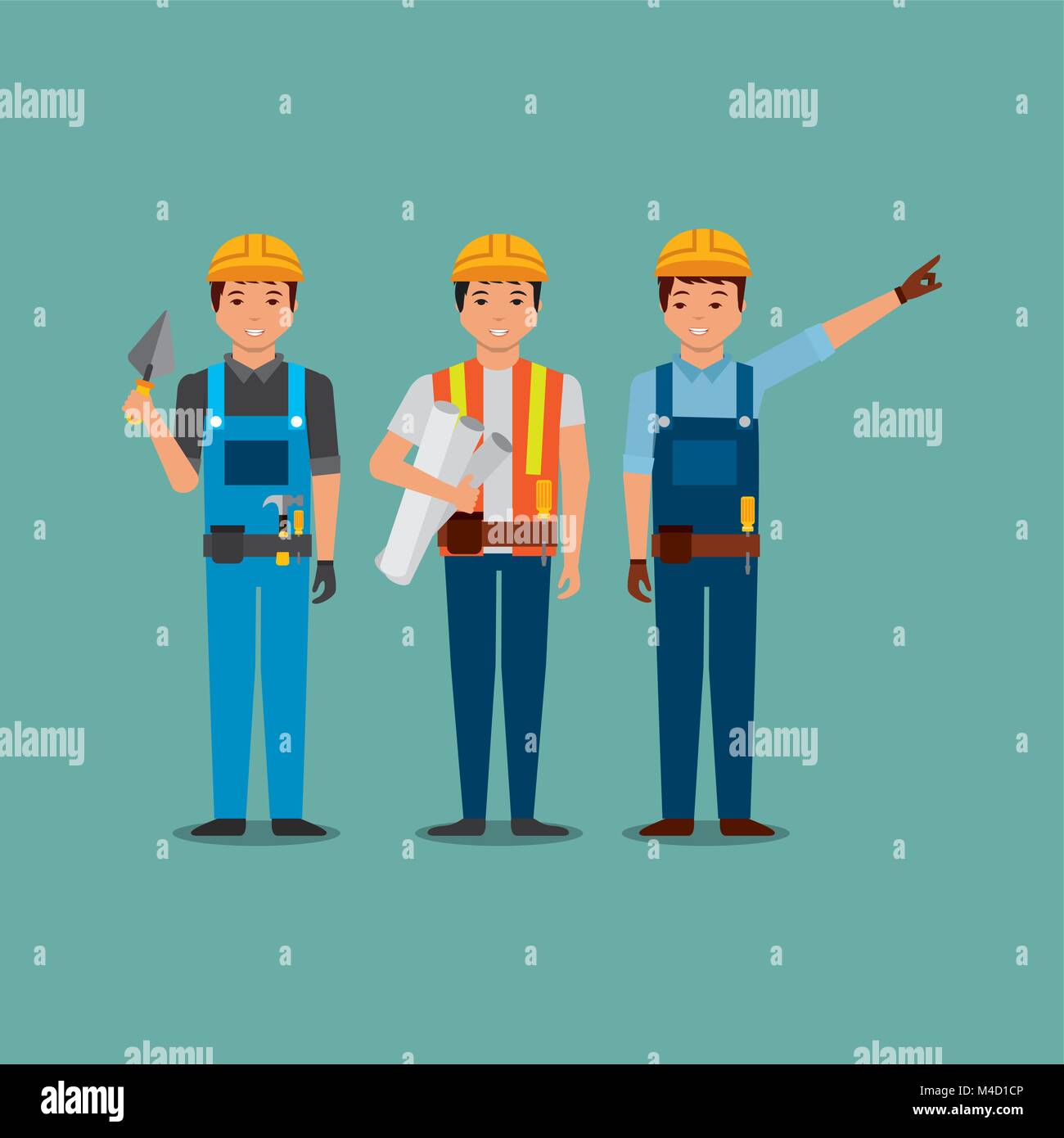construction workers holding blueprint spatula with uniforms Stock ...