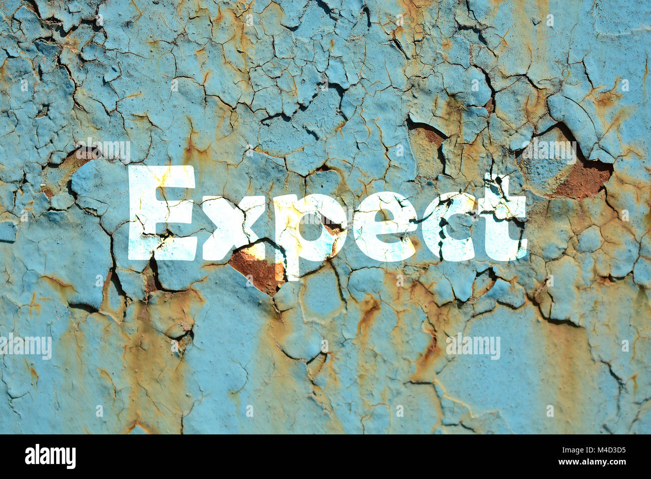 expect word print on the rusted metal corrugated metal background Stock ...