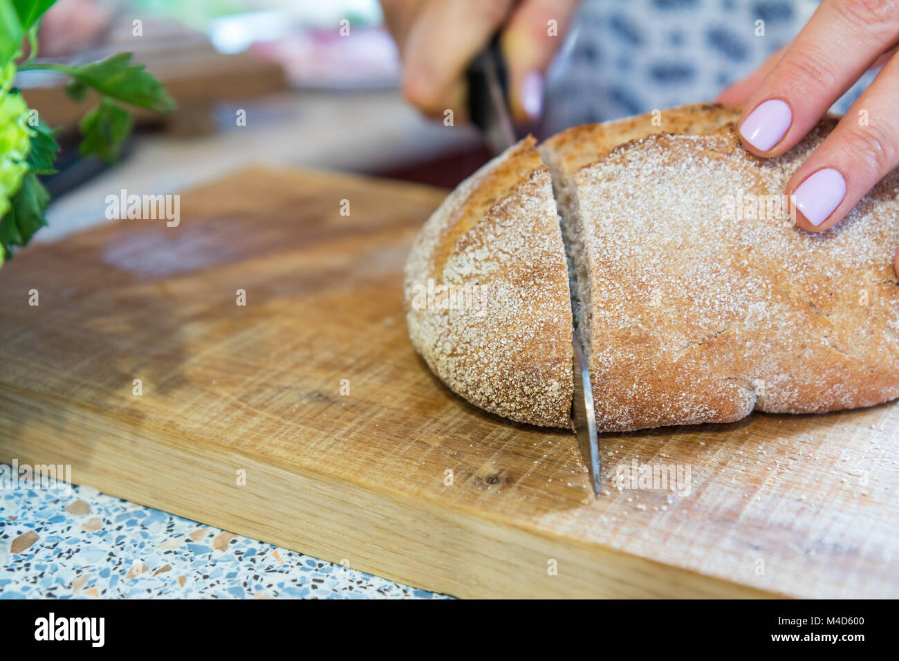 Woman cut bread on hi-res stock photography and images - Alamy