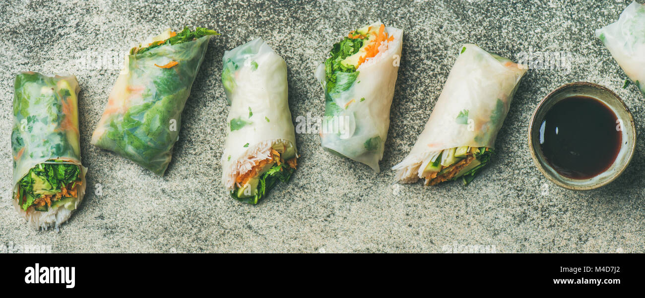 Vegan spring rice paper rolls with chopsticks, wide composition Stock ...