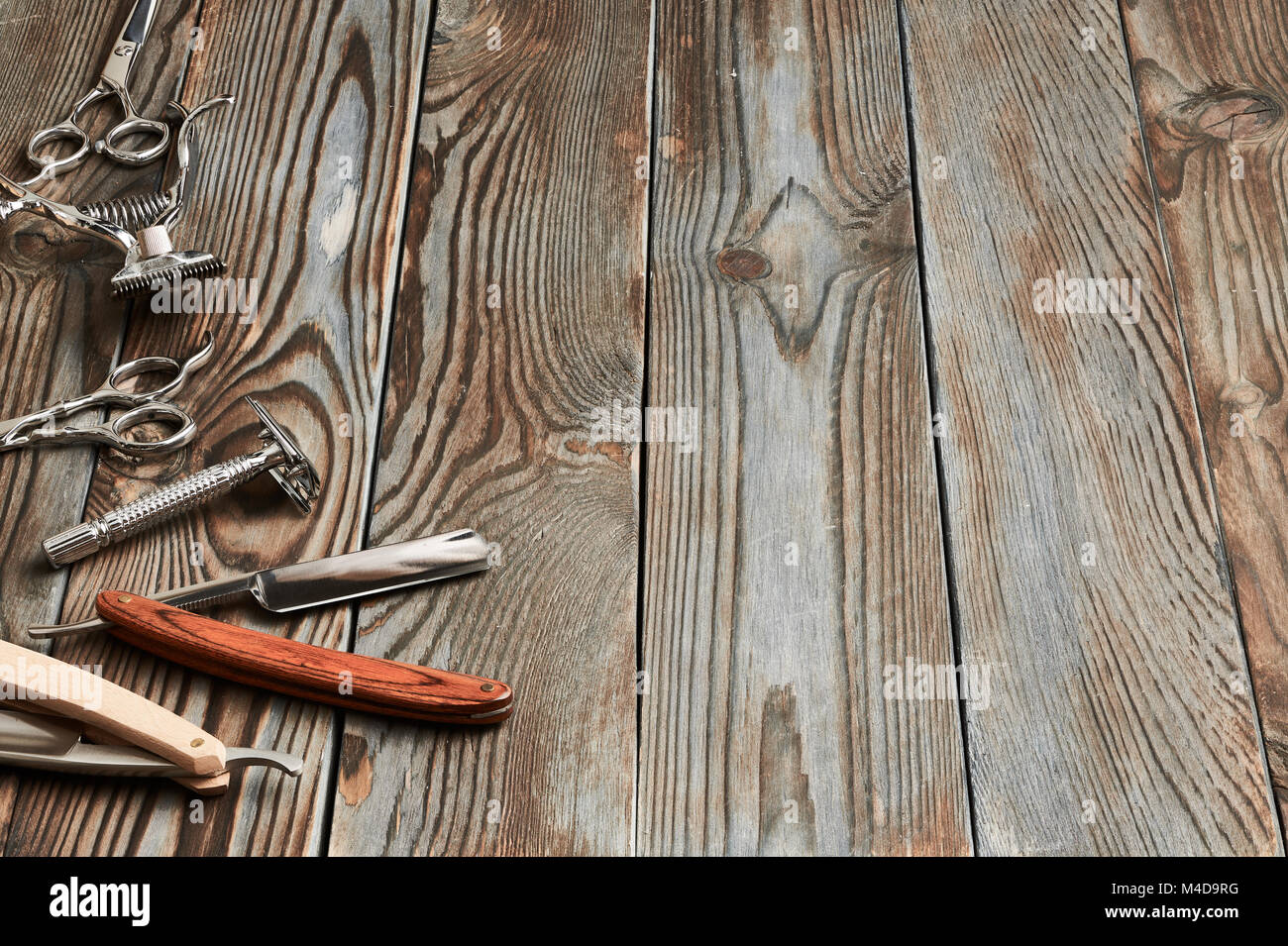 Vintage barber shop tools on wooden background Stock Photo - Alamy
