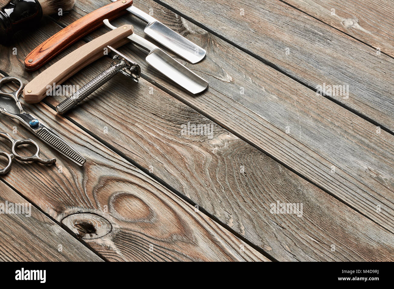 Vintage barber shop tools on wooden background Stock Photo - Alamy