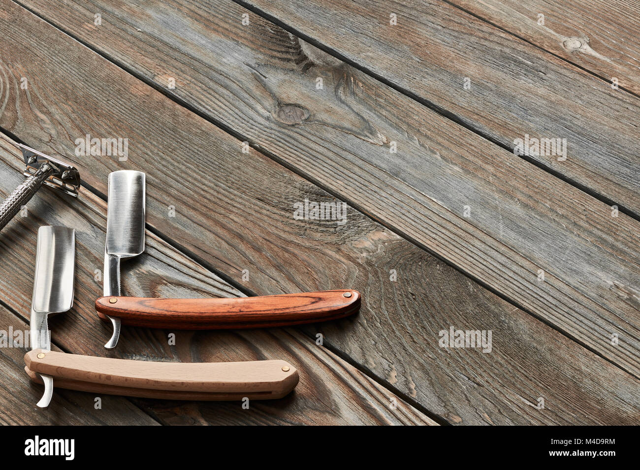 Vintage barber shop tools on wooden background Stock Photo - Alamy