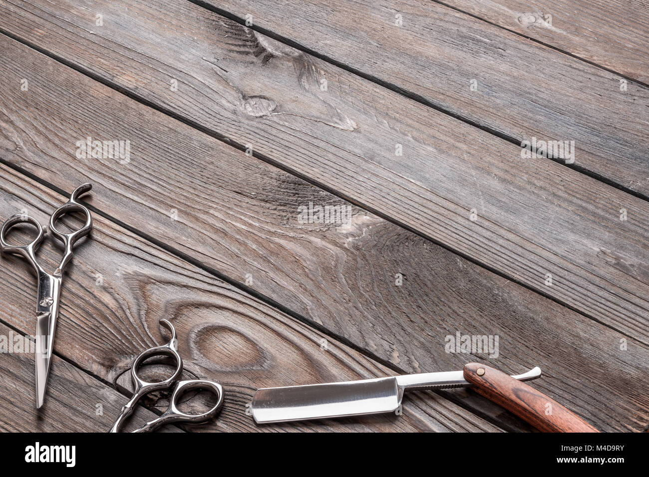 Vintage barber shop tools on wooden background Stock Photo - Alamy
