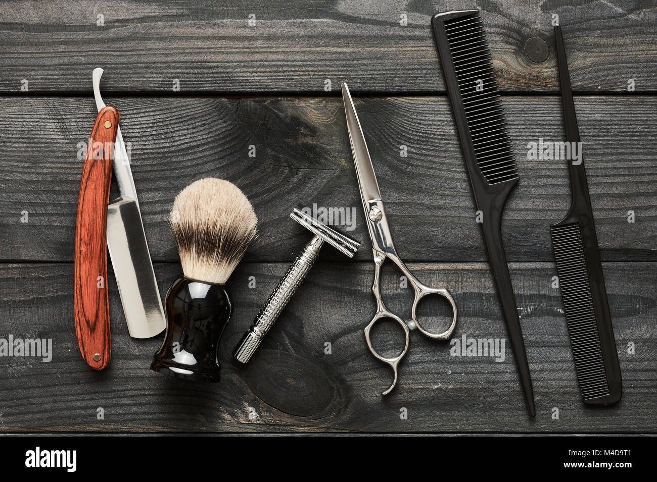 Vintage barber shop tools on wooden background Stock Photo - Alamy