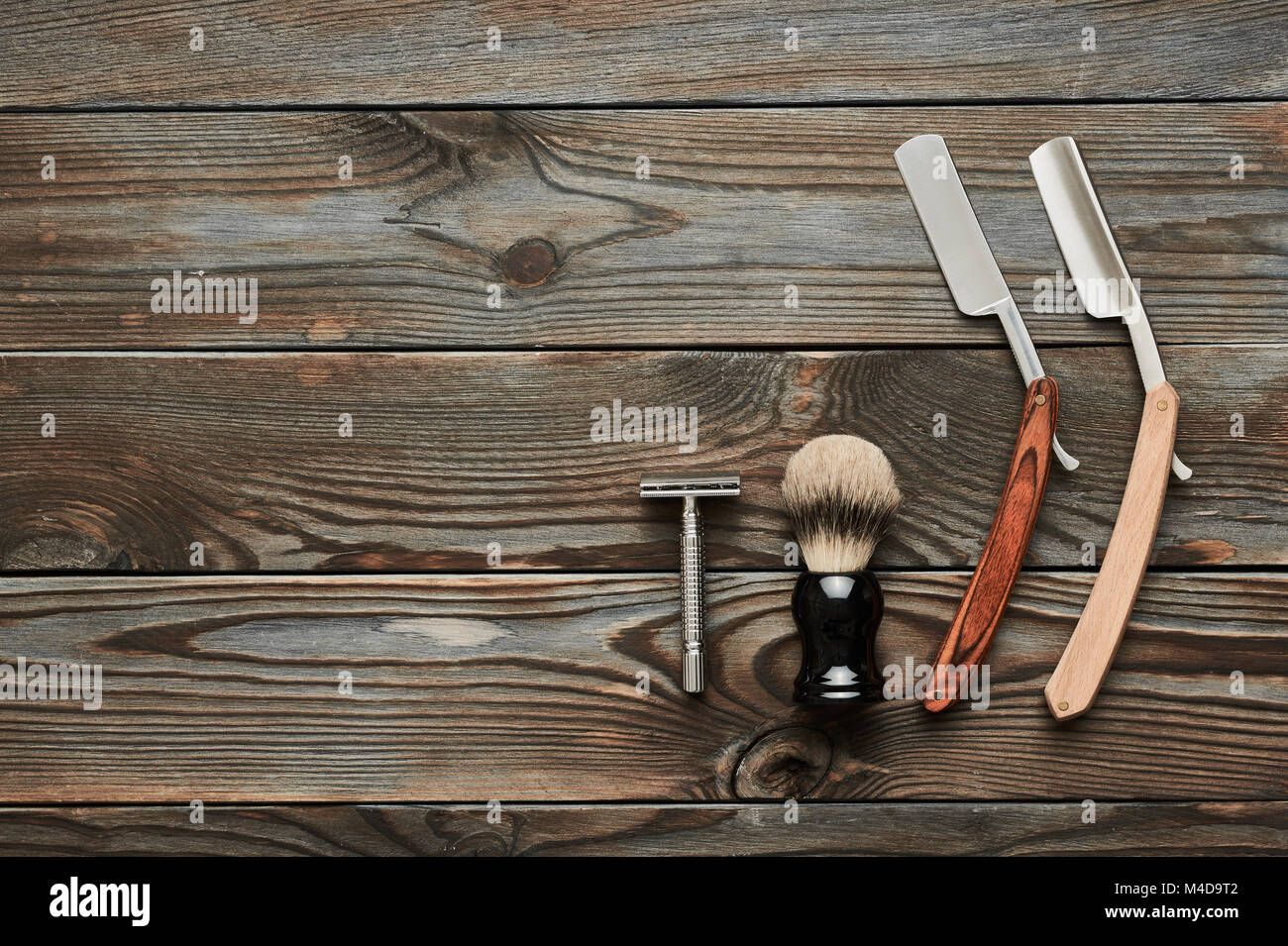 Vintage barber shop tools on wooden background Stock Photo - Alamy