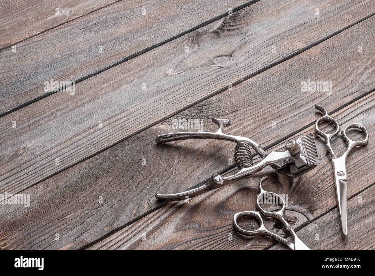 Vintage barber shop tools on wooden background Stock Photo - Alamy