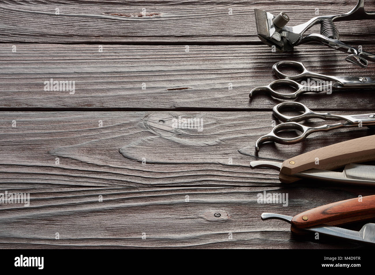 Vintage barber shop tools on wooden background Stock Photo - Alamy