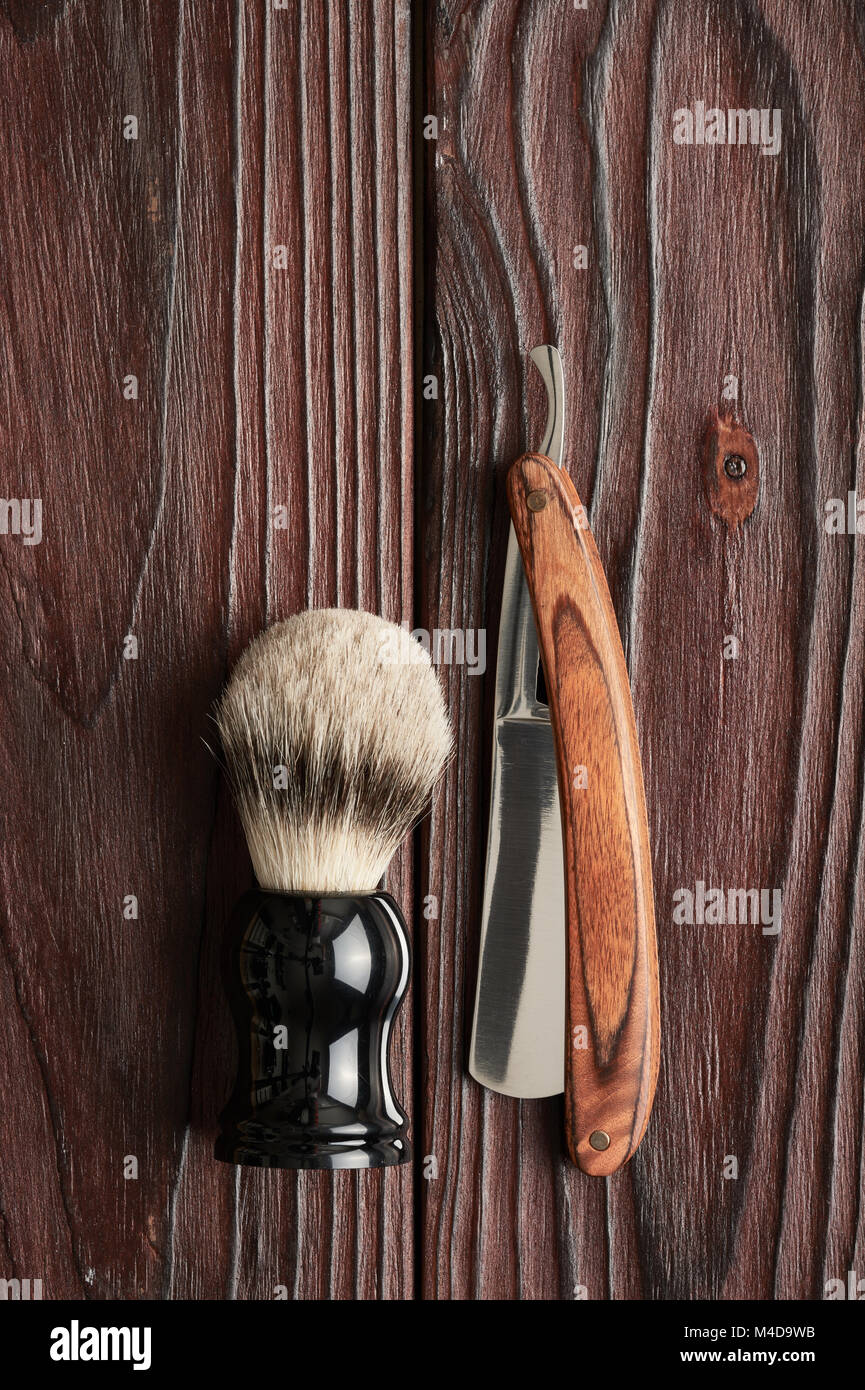 Vintage barber shop tools on wooden background Stock Photo - Alamy