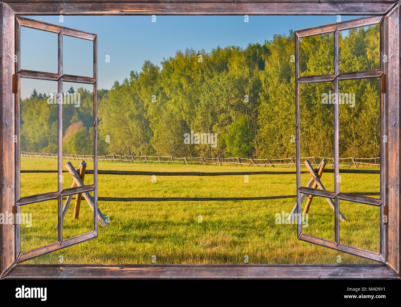 nature landscape with a view through a window with curtains Stock Photo ...