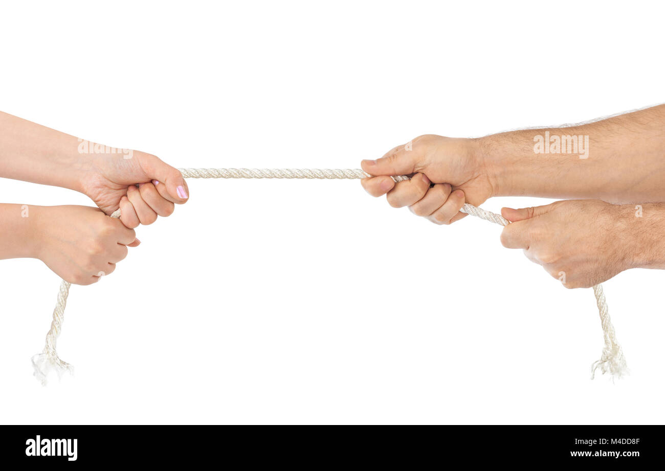 Man and woman hands with breaking rope Stock Photo - Alamy