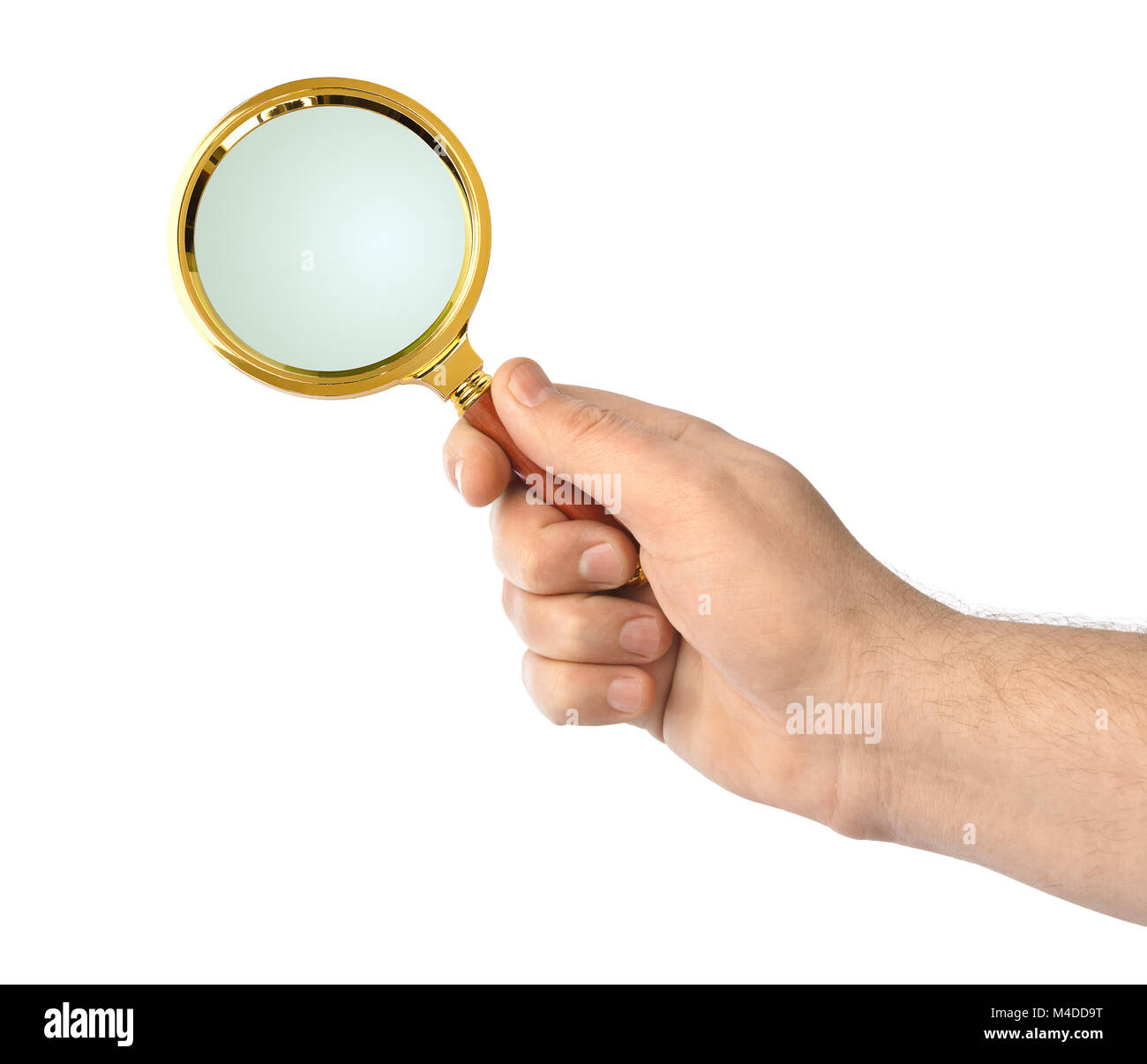 A large magnifying glass in hand isolated on white background Stock ...