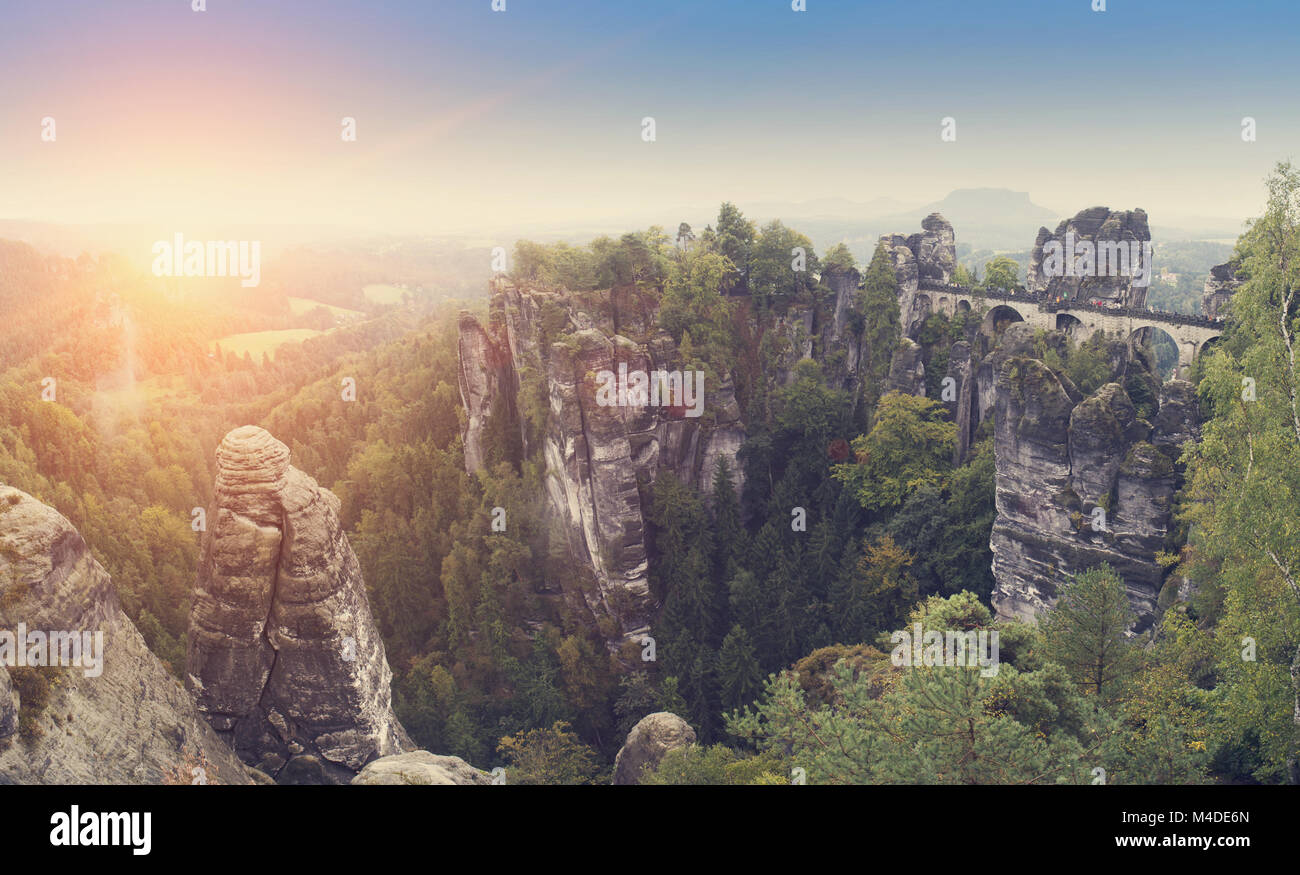 Bastei rocks and Bastei Bridge in Saxon Switzerland National Park Stock ...