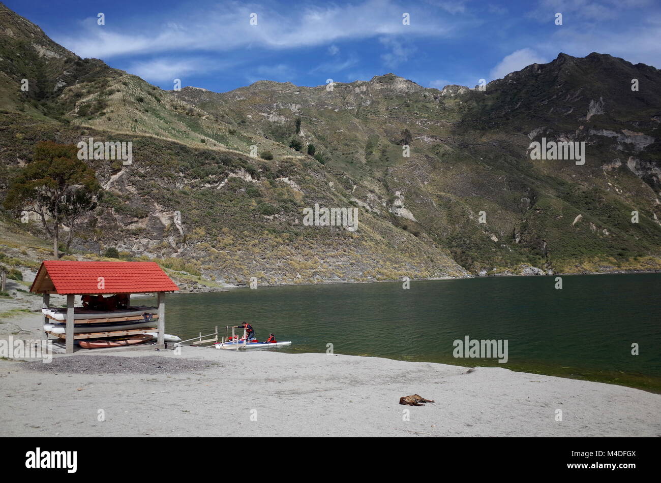 A view of Quilotoa Lake, an ancient volcano and starting point for the ...